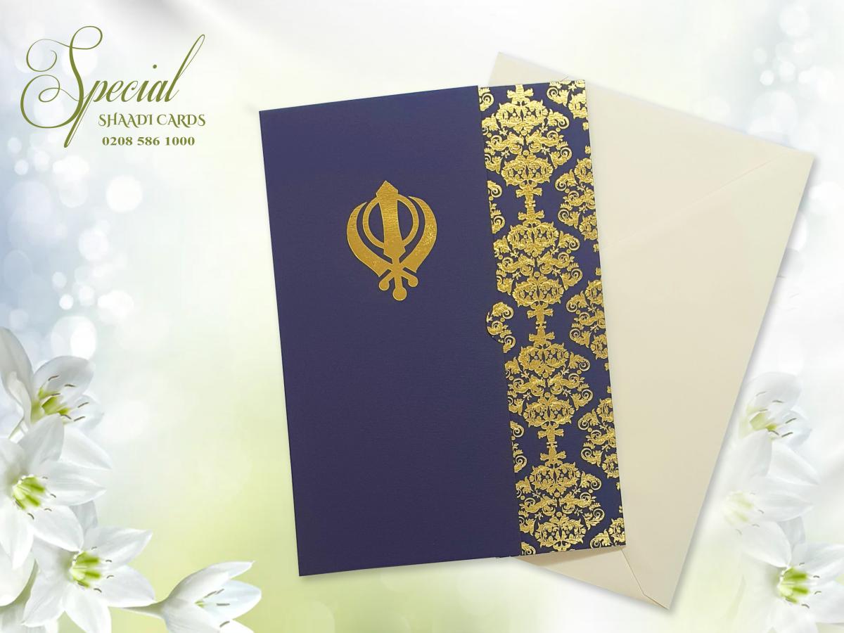 Two Fold Blue and Gold Foiled Sikh Wedding Card - Special Shaadi Cards